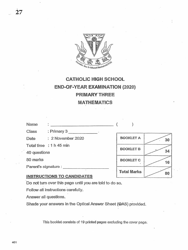 P3 Maths SA2 2020 Catholic High Exam Papers | PDF