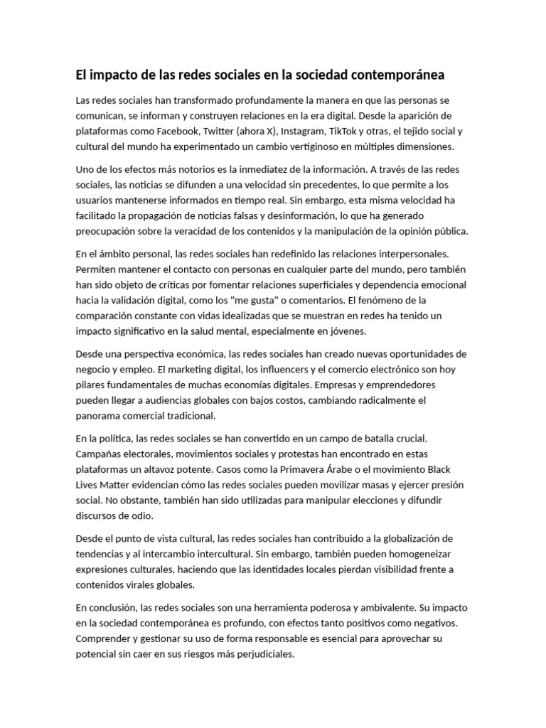 Impacto de las Redes Sociales en la Sociedad | PDF | Servicio de redes ...