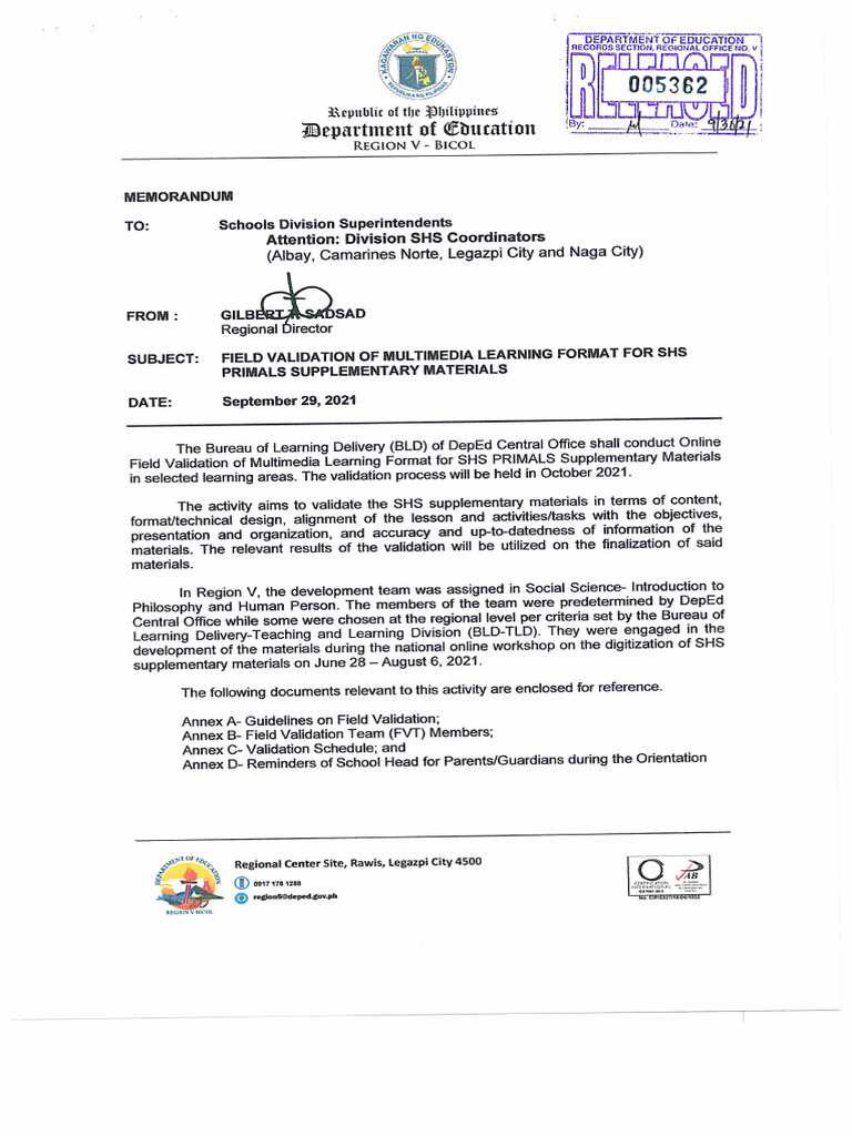 Memorandum Field Validation of Multimedia Learning Format For SHS ...