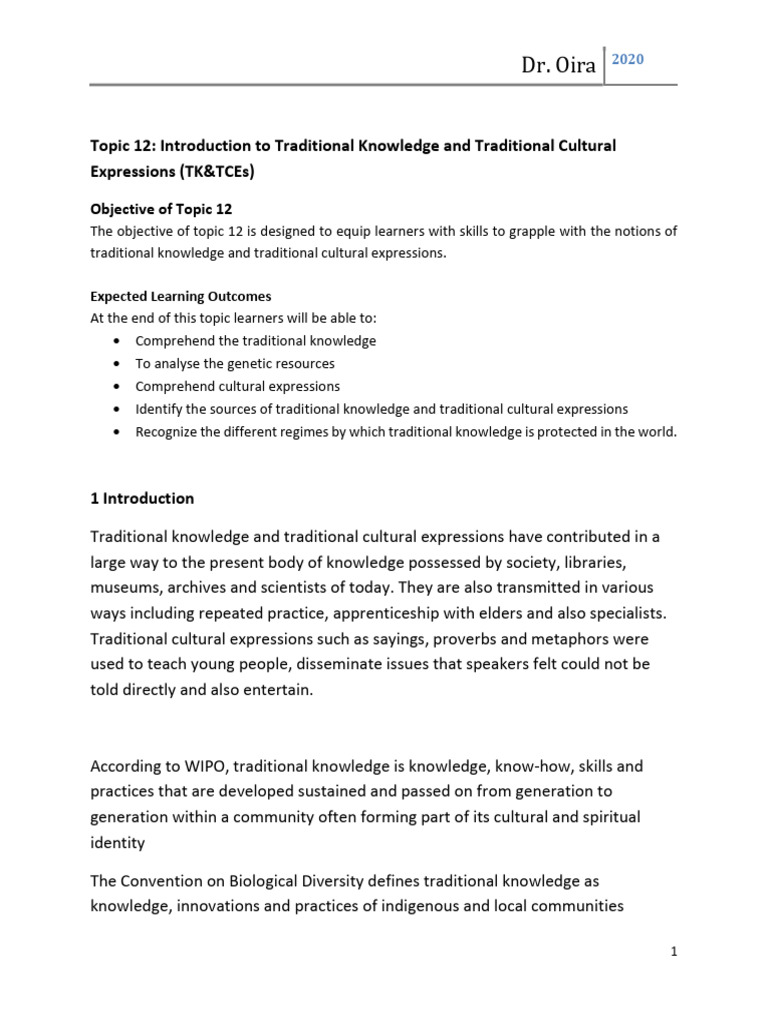 Topic 12 - Introduction To Traditional Knowledge and Traditional ...