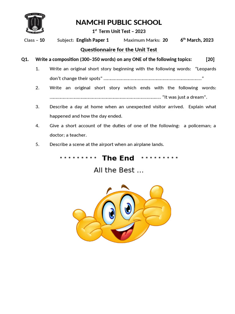 2023 1st Term Unit Test Questionnaire, Class 10 6th March, 2023 | PDF