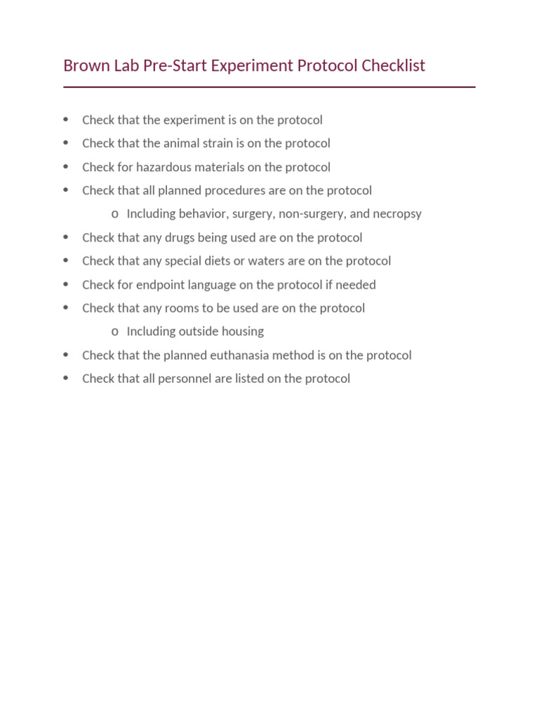 Brown Lab Pre Experiment Checklist | PDF