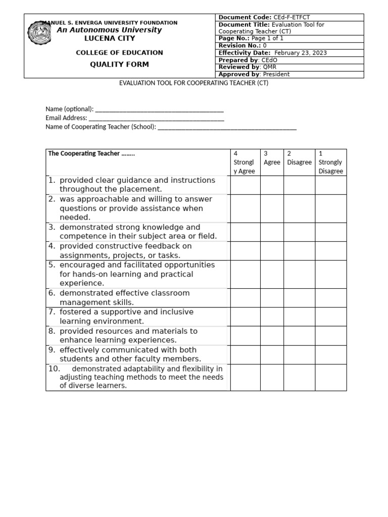 Form Evaluation For Cooperating Teacher 1 | PDF