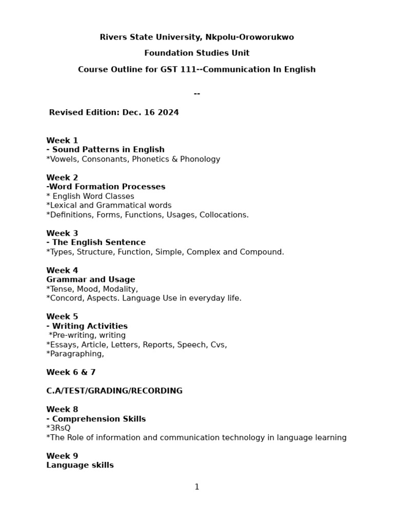 GST 111 Comm in English Course Outline | PDF