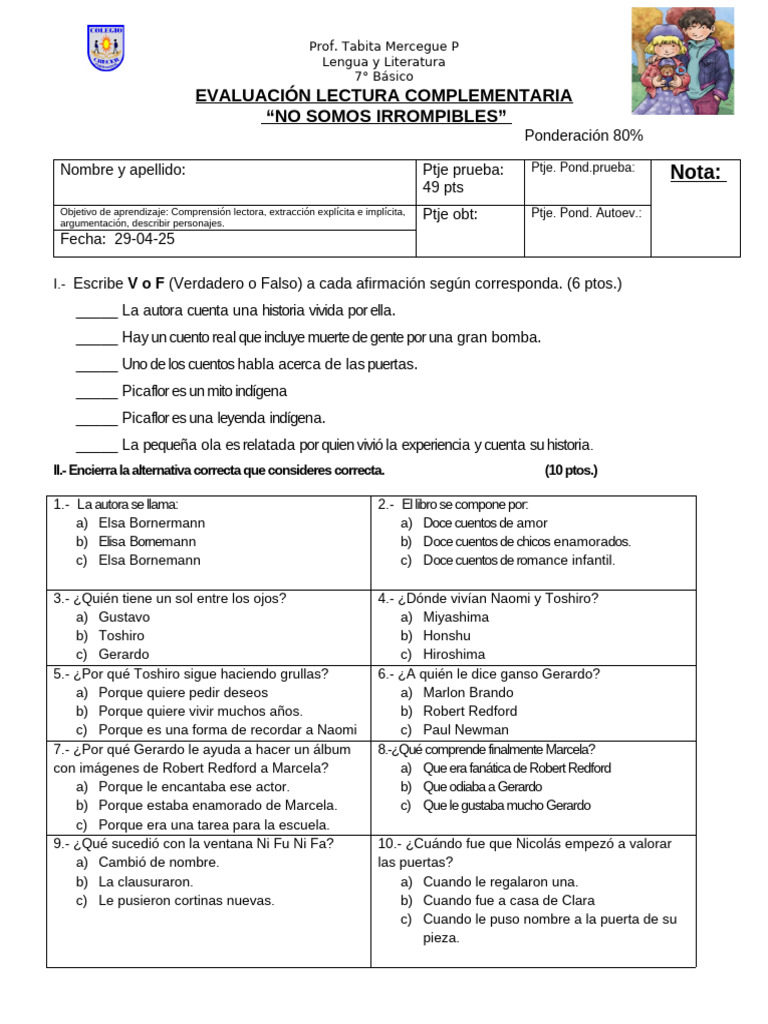 Evaluación de Lectura: "No Somos Irrompibles" | PDF