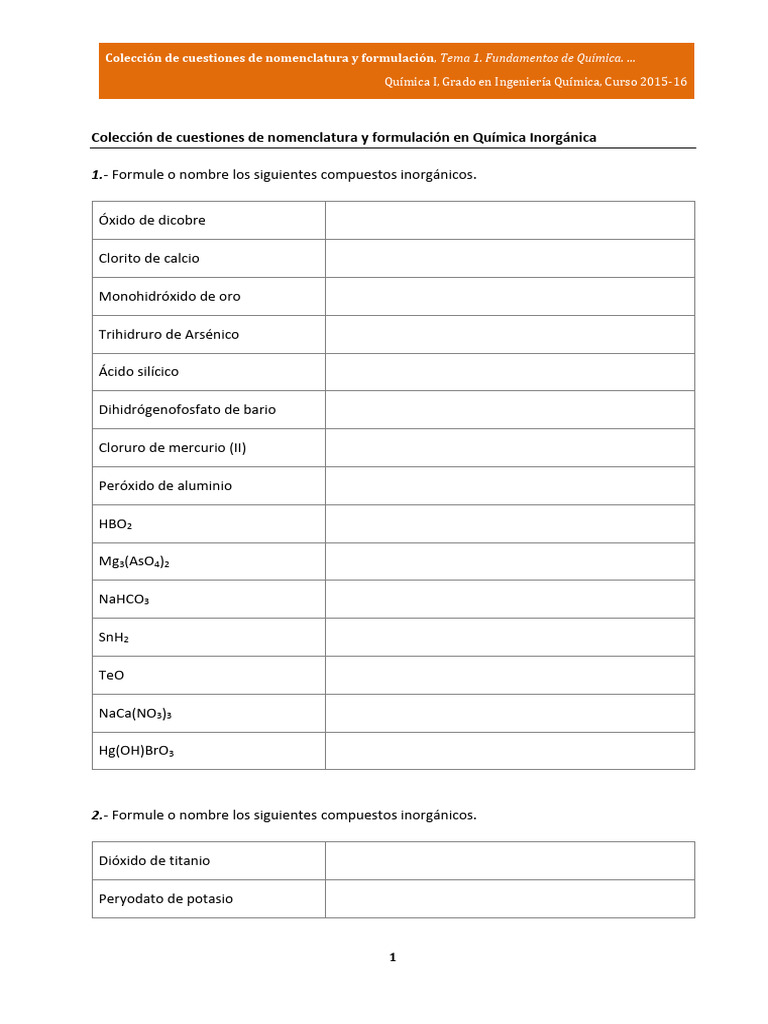 Actividades Formulación Inorgánica | PDF | Compuesto inorgánico | Hidróxido