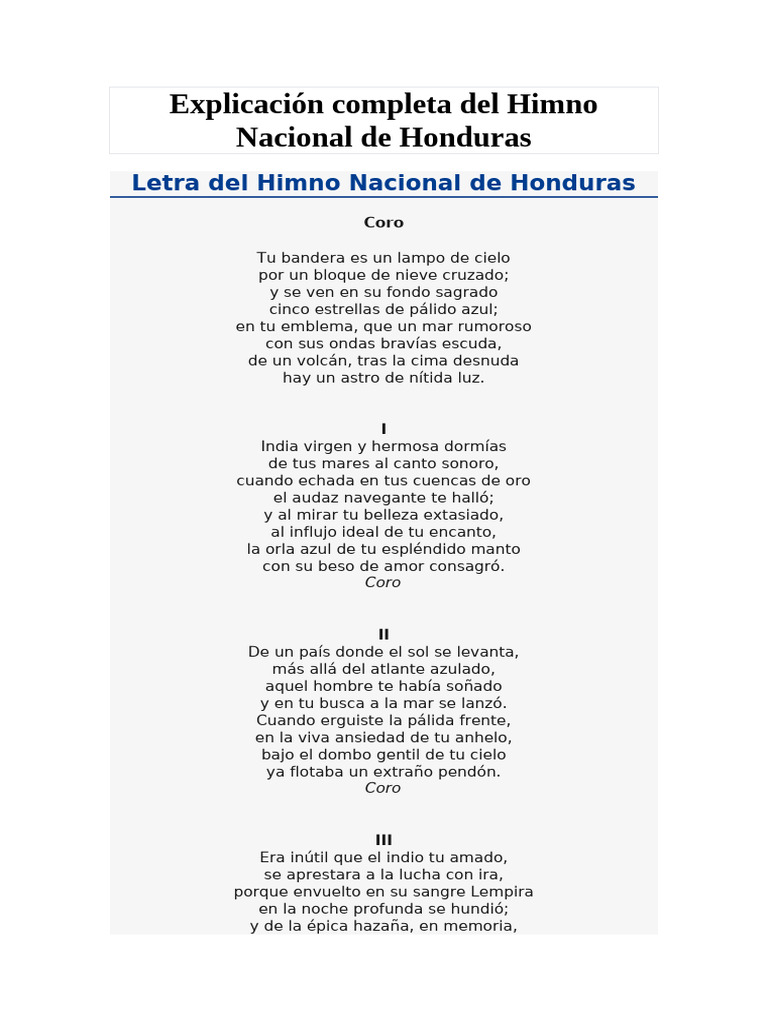 Explicación Completa Del Himno Nacional de Honduras | PDF
