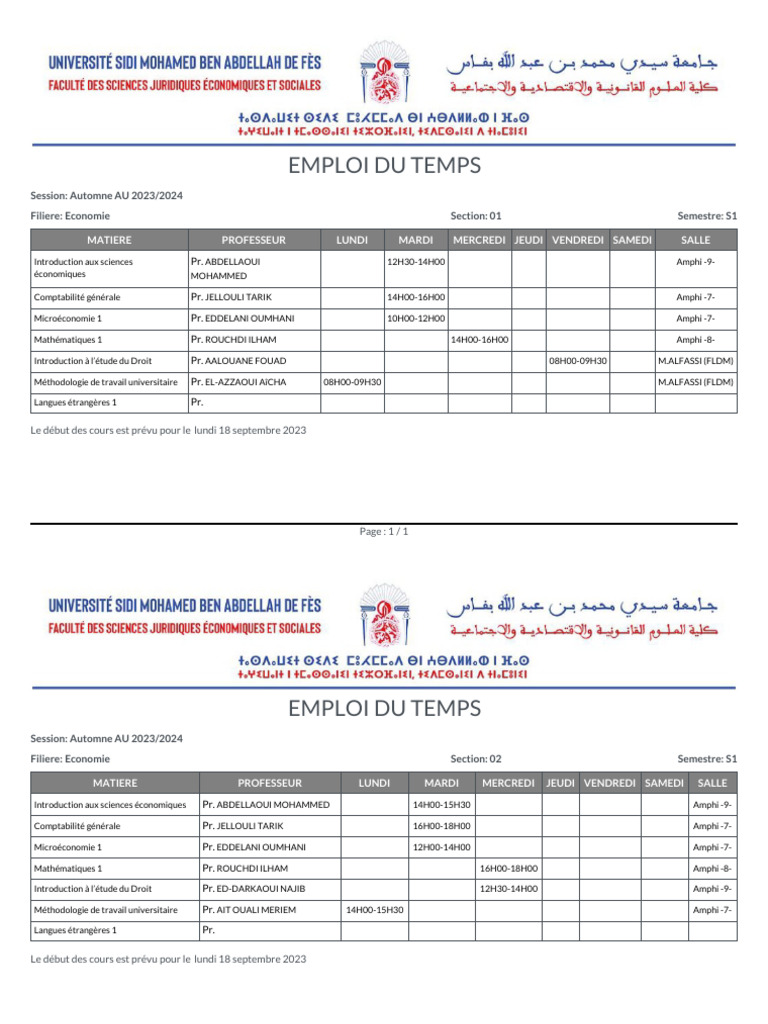 Emploi Du Temps S1 ECO | PDF | Économie | Économie