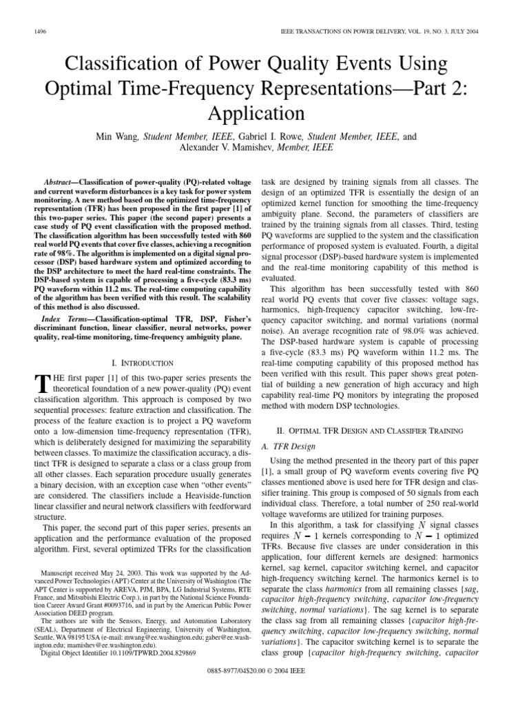 Classification of Power Quality Events Using Optimal Time-Frequency Representations-Part 2 ...