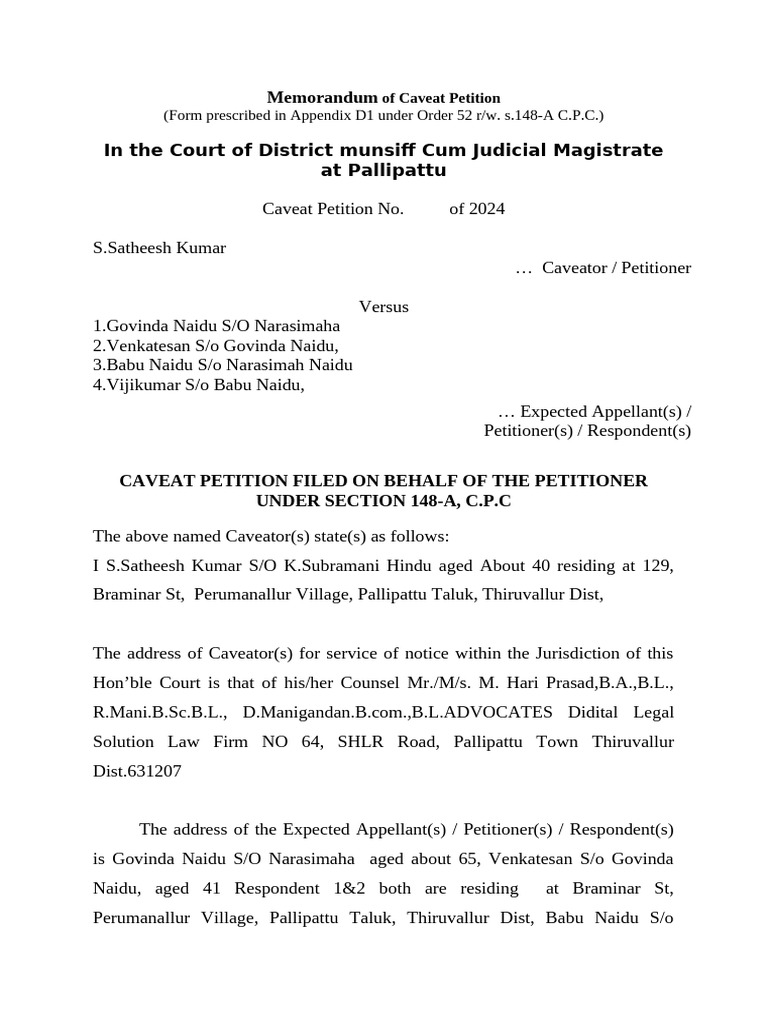 Caveat Petion For Satheesh | PDF | Lawsuit | Public Law