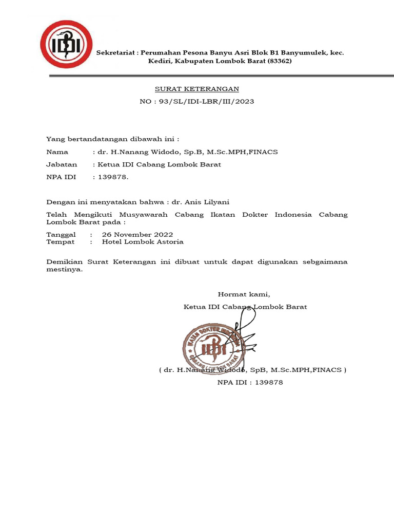 surat keterangan dr. Anis Lilyani | PDF