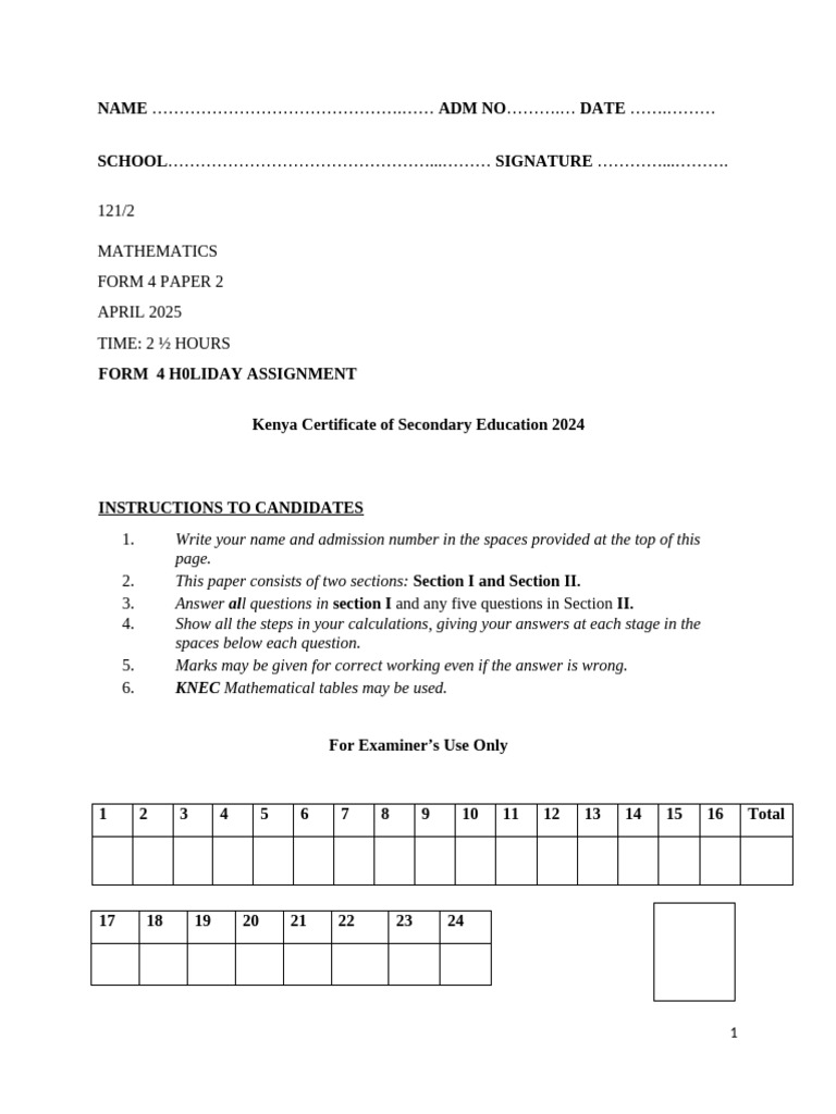 Form 4 Mathematics Holiday Assignment | PDF | Mathematics | Applied ...