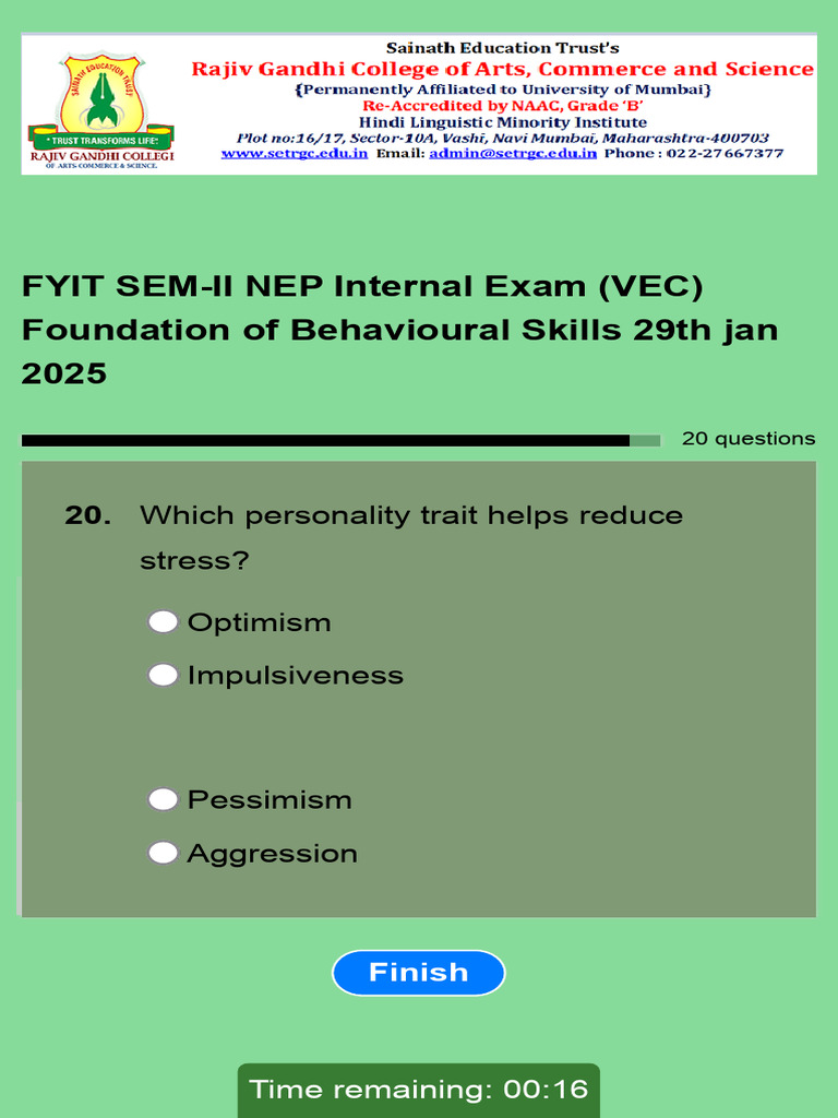 FYIT SEM-II NEP Internal Exam (VEC) Foundation of Behavioural Skills ...