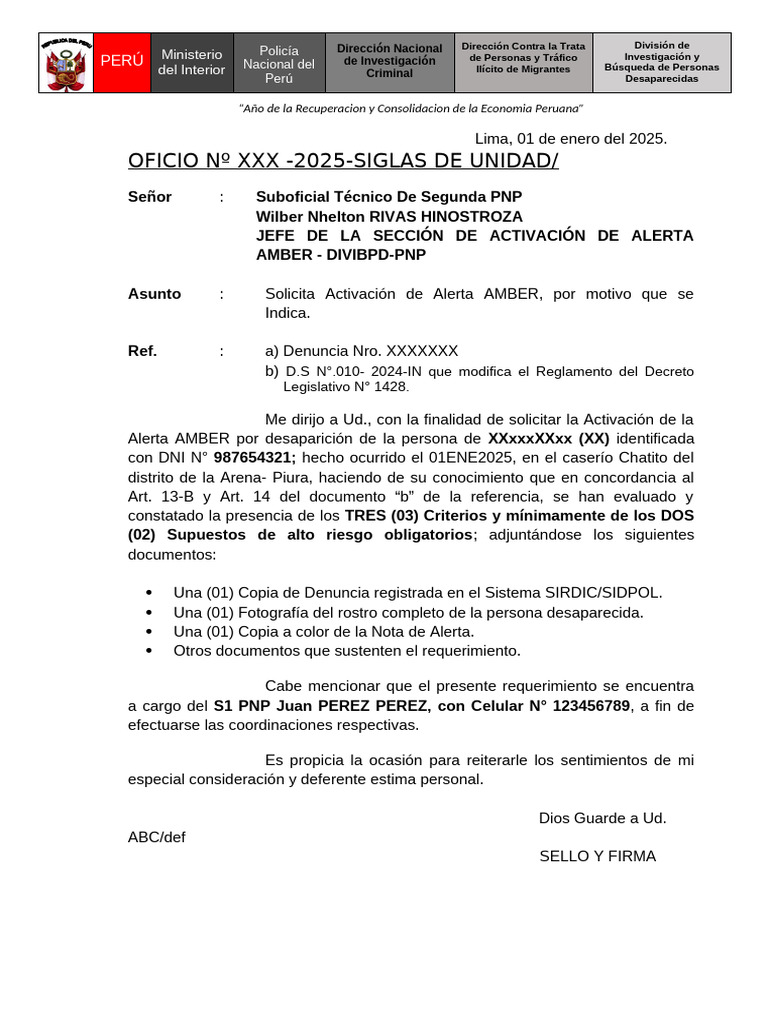 Modelo Oficio Solicita Alerta Amber | PDF | Perú