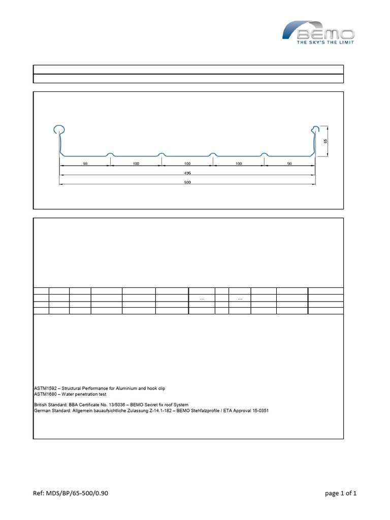 BEMO - Standing Seam Panel 65-500-0.90 MM | PDF | Chemical Elements | Alloy