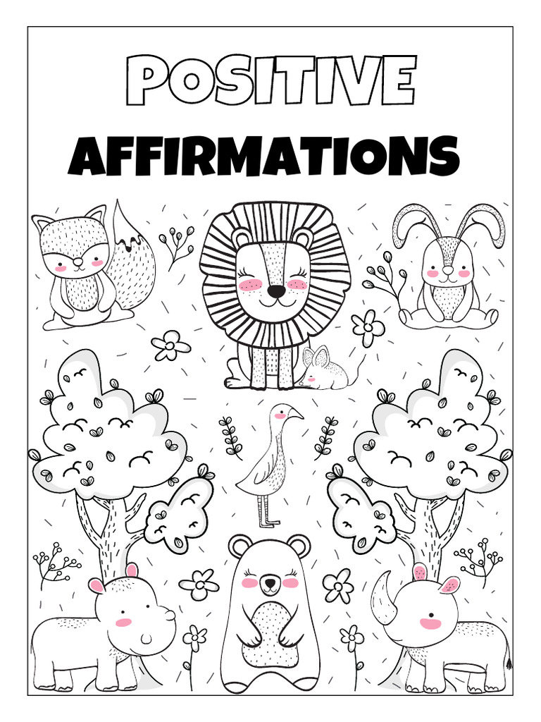 Wild Animals Positive Affirmations Coloring Book in Grayscale Cartoon ...