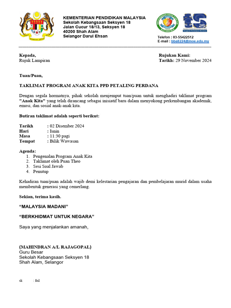 Surat Panggilan Taklimat Program Anak Kita | PDF