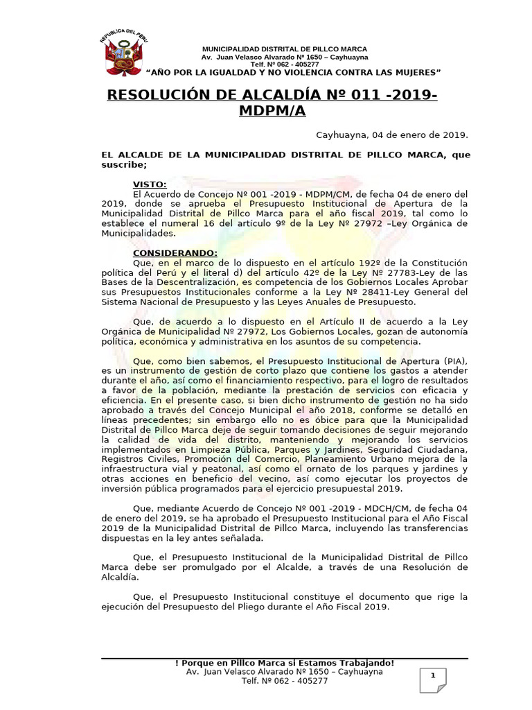 Resolución de Alcaldía Nº 011 Promulgar Pia | PDF | Gobierno local ...