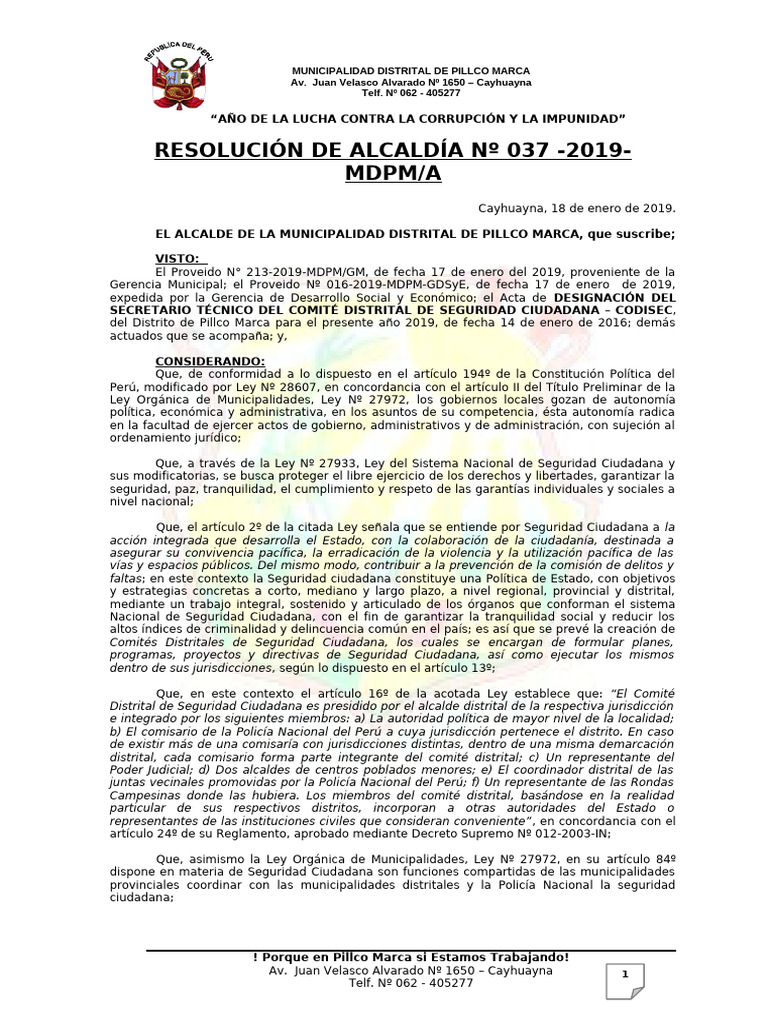 Resolución de Alcaldía #037 Esignación Del Secretario Técnico Codisec | PDF | Gobierno local ...