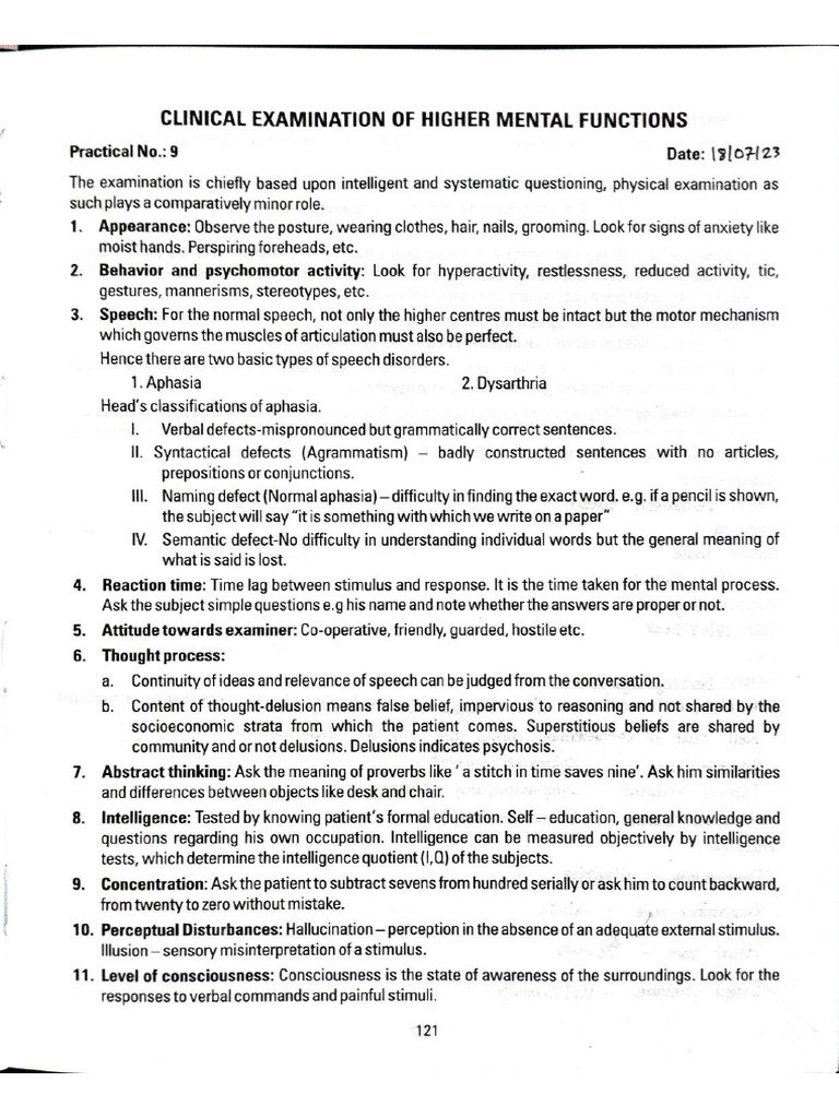 Clinical Examination of Higher Mental Function | PDF