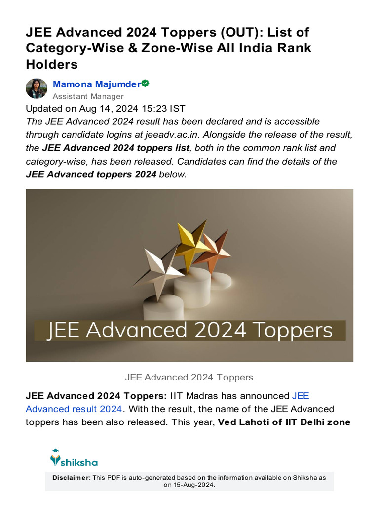 JEE Advanced 2024 Topper List Released | PDF | Standardized Tests ...