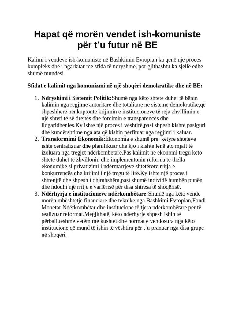 Hapat Që Morën Vendet Ish-Komuniste Per T'u Anetaresuar Ne BE | PDF