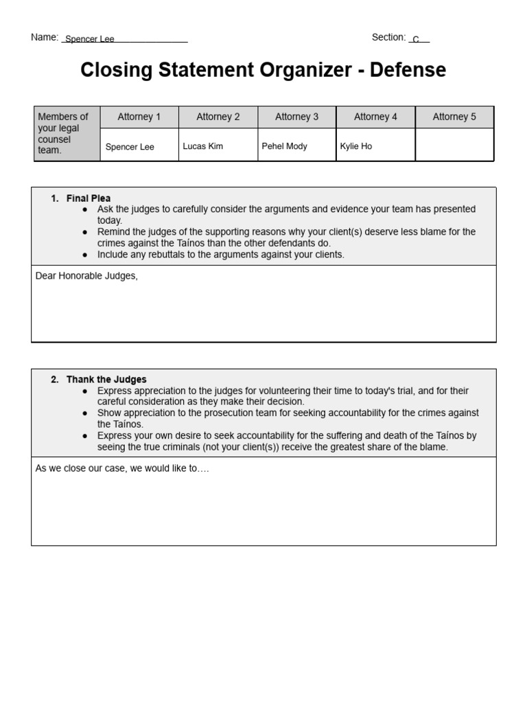 Defense Closing Statement Organizer | PDF