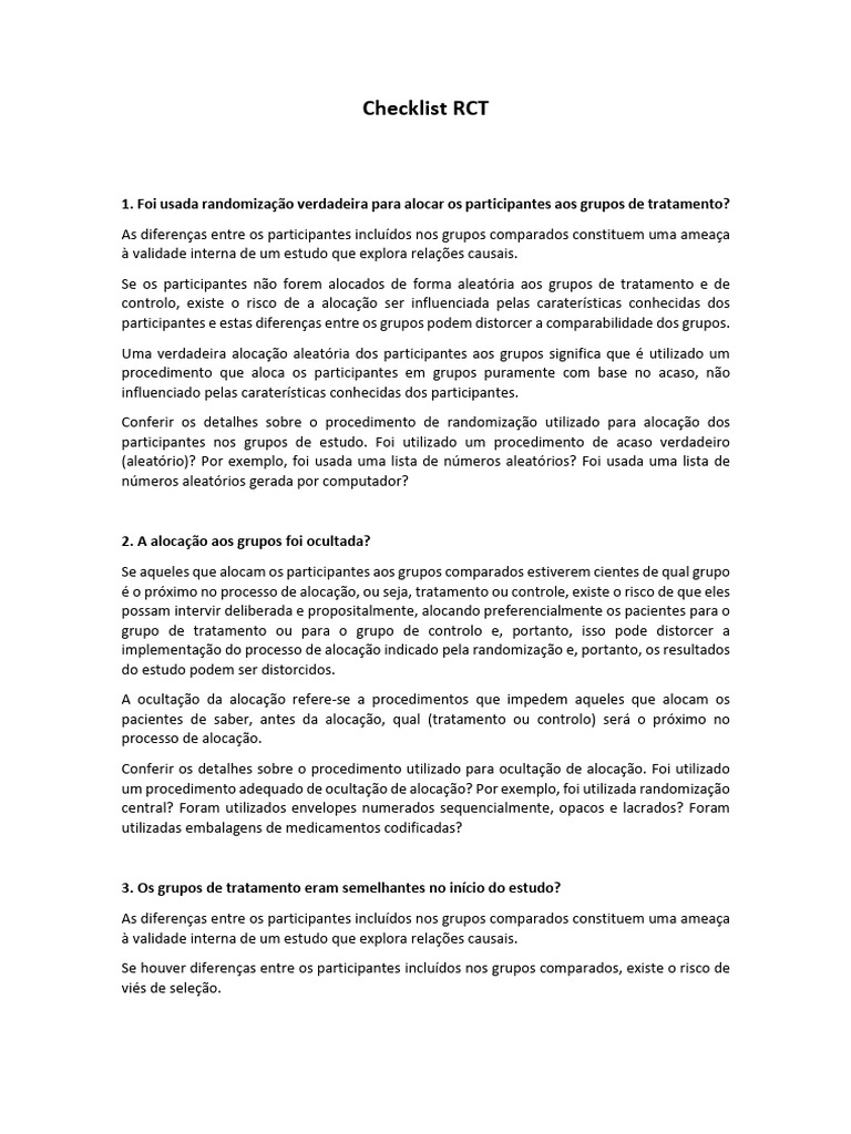 Checklist RCT Traduzida | PDF | Inferência estatística | Estatísticas