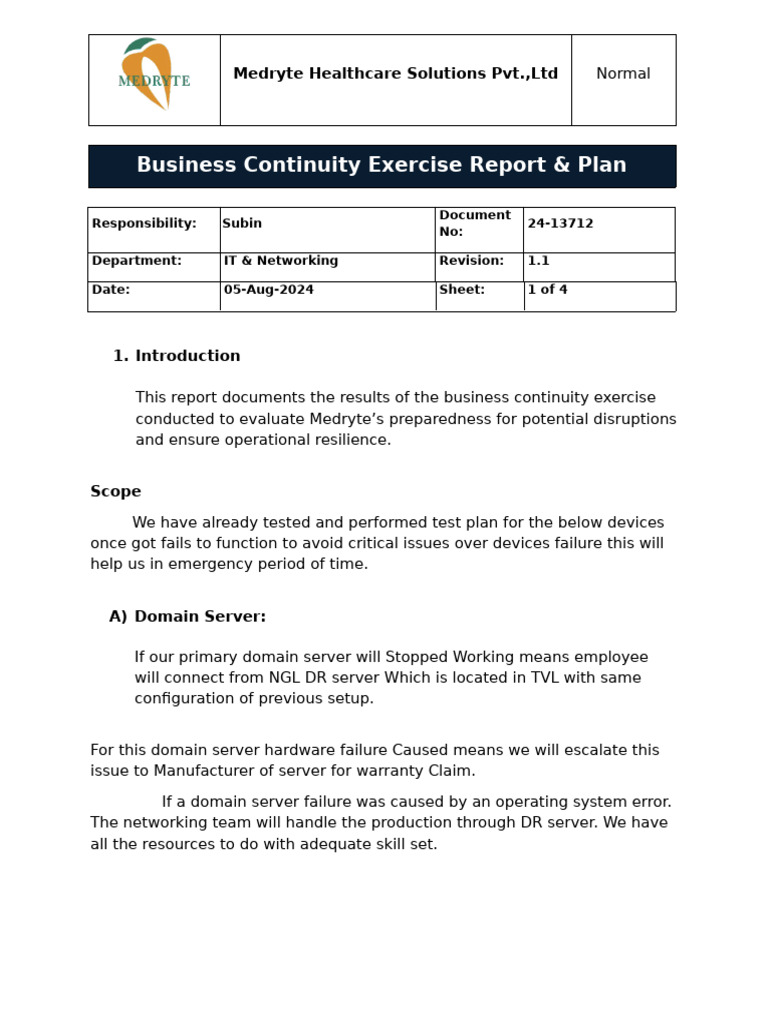 Business Continuity Exercise Report | PDF | Server (Computing ...