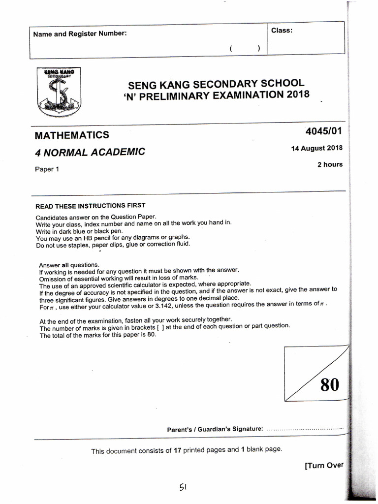 E-Math Sec 4 Na Sa2 2018 Sengkang Sec | PDF