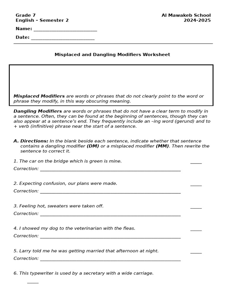 G7_Misplaced and Dangling Modifiers Worksheet | PDF | Language ...