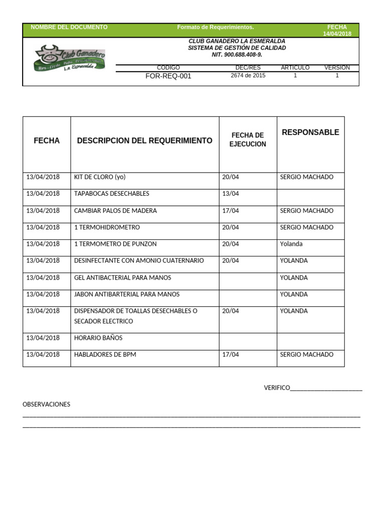 Formato REQUERIMIENTOS | PDF | Productos de limpieza | Higiene