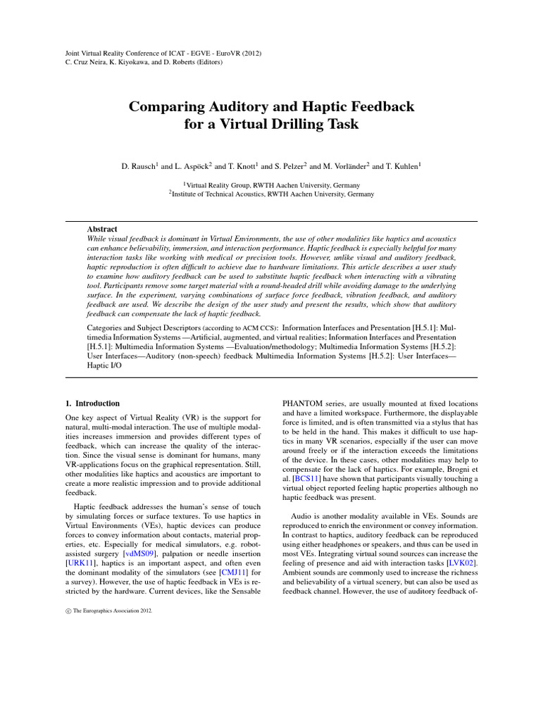 Comparing Auditory and Hap Tic Feedback | PDF | Virtual Reality | Sound