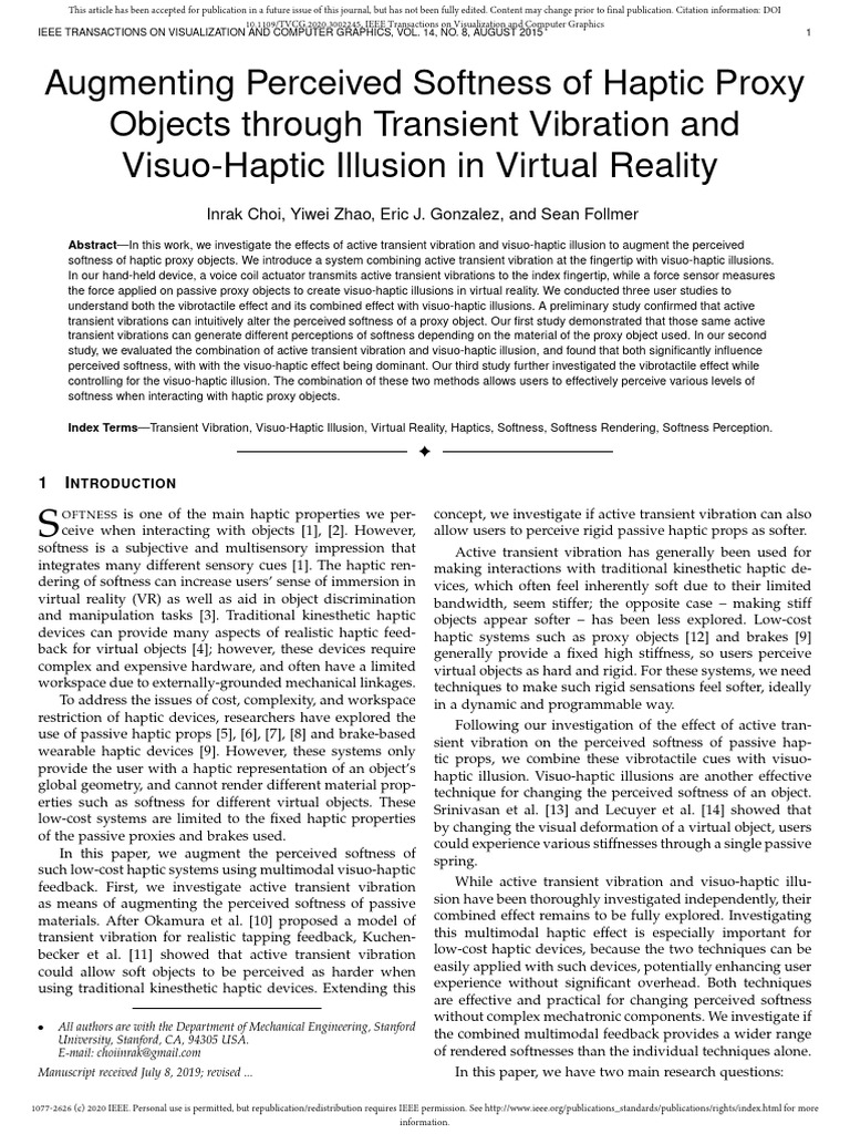 Transient Vibration Visuo Haptic Illusion Softness | PDF | Illusion ...