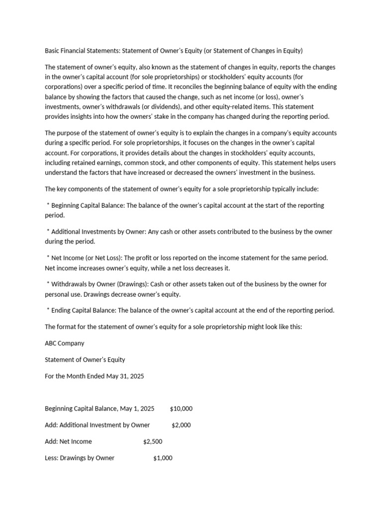 Basic Financial Statement Statement of Owner's Equity | PDF | Equity (Finance) | Retained Earnings