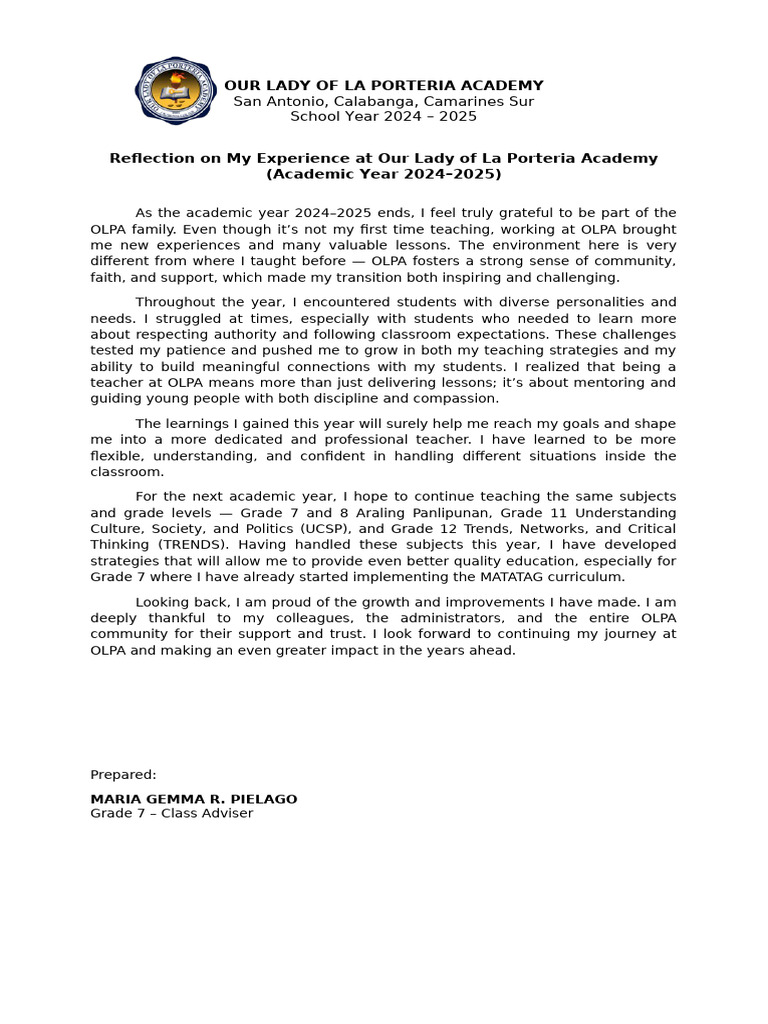 Reflection on Teaching at OLPA Academy | PDF