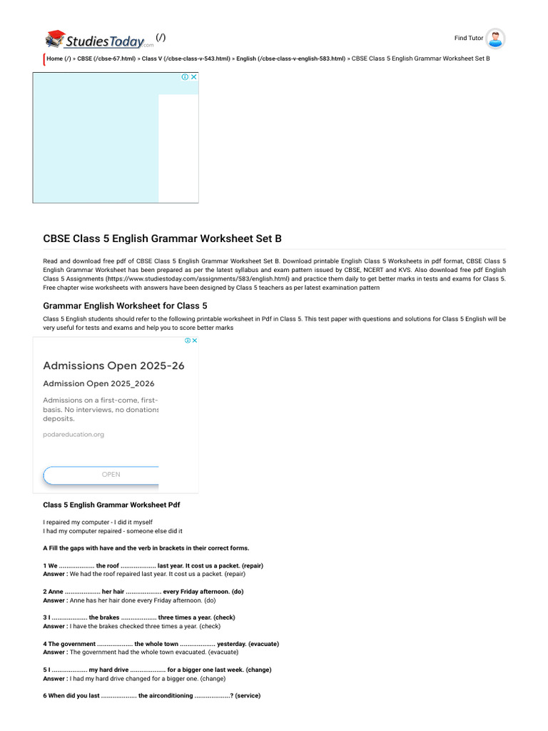 Class 5 English Grammar Worksheets PDF | PDF | English Language | Languages