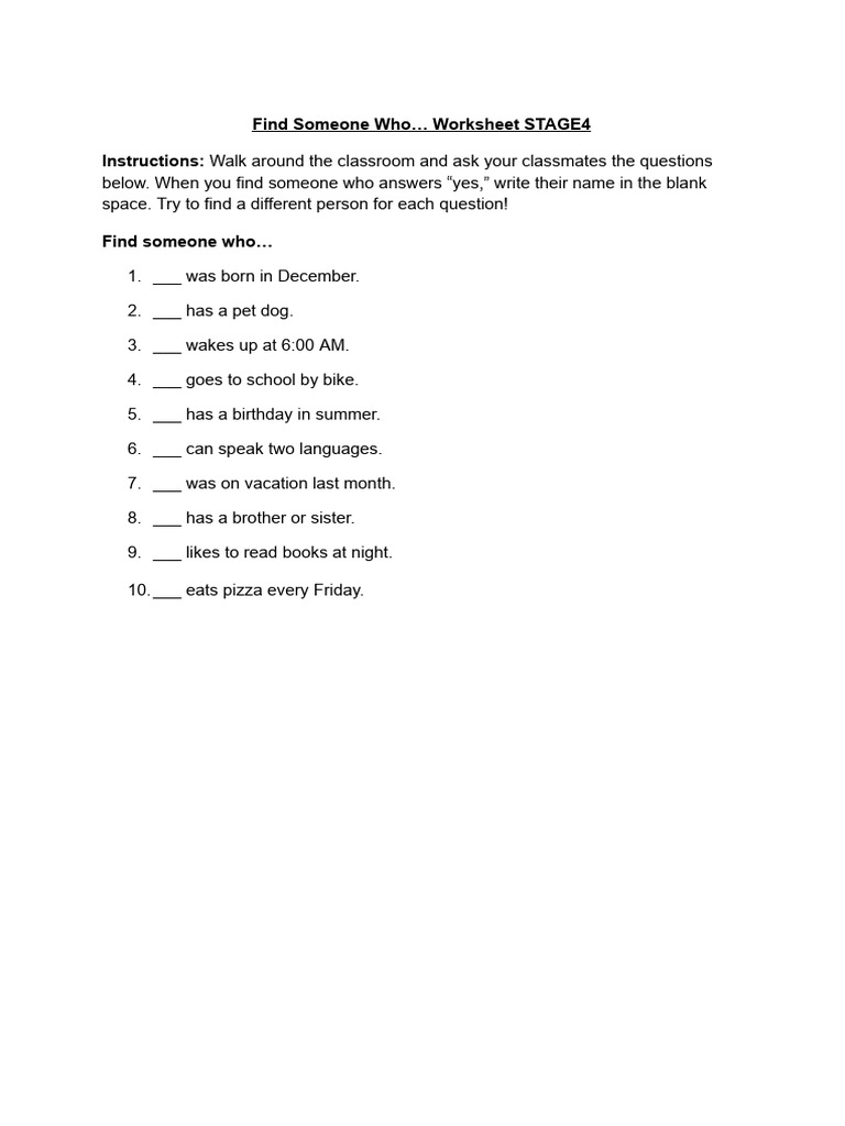 Find Someone Who Worksheet | PDF