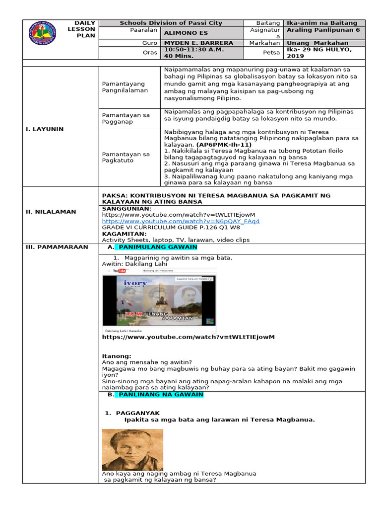 Lesson Plan in AP 6 COT 1st | PDF