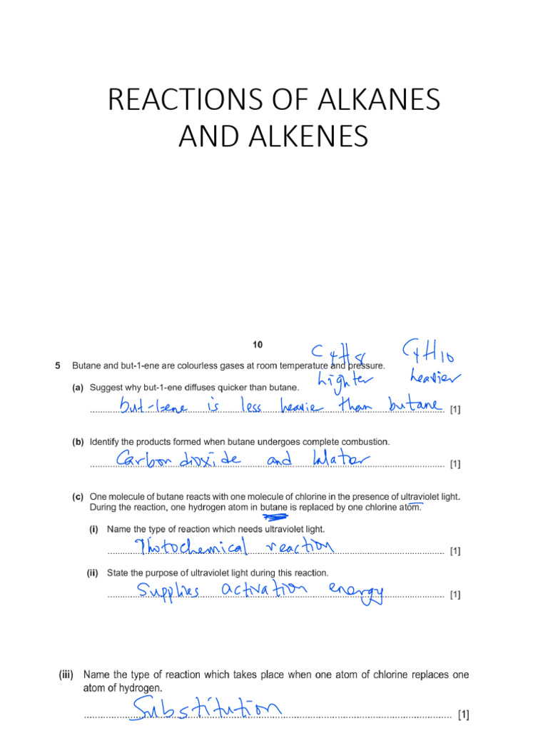 Reactions of Alkanes and Alkenes | PDF