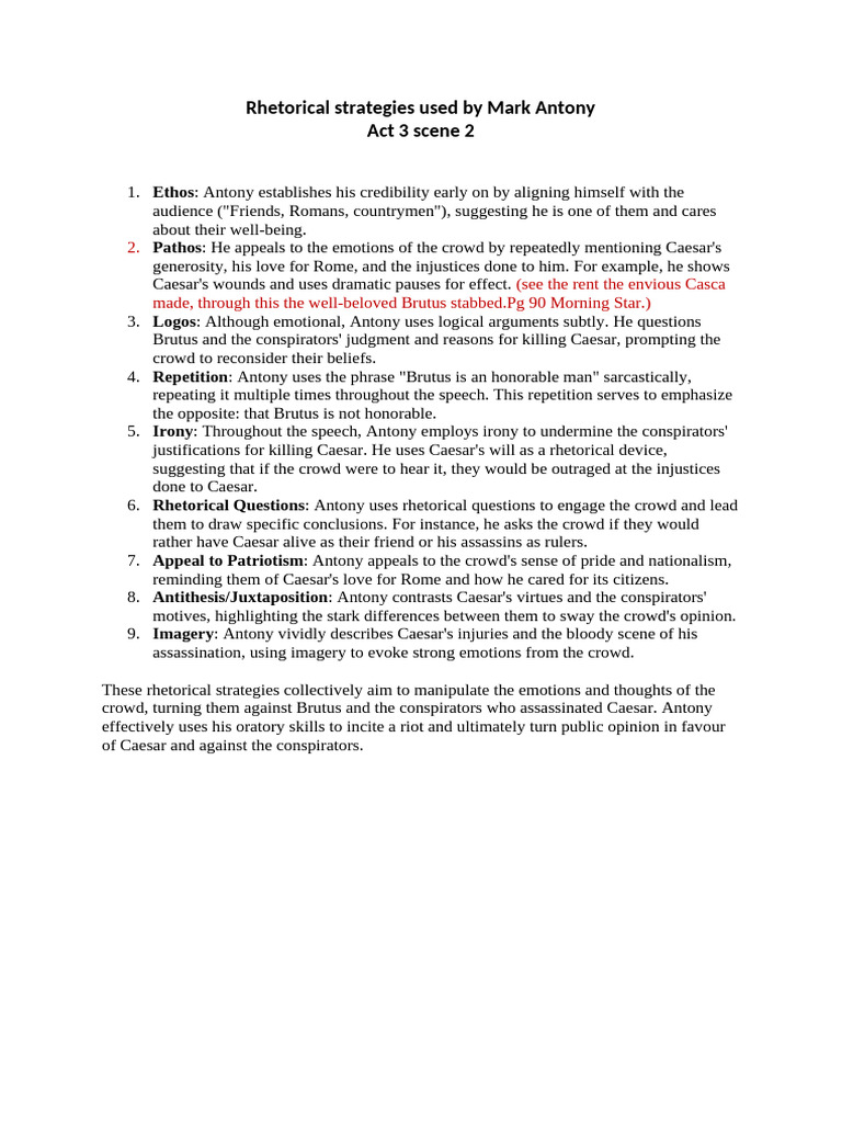 Rhetorical Strategies Used by Mark Antony - Julius Caesar | PDF