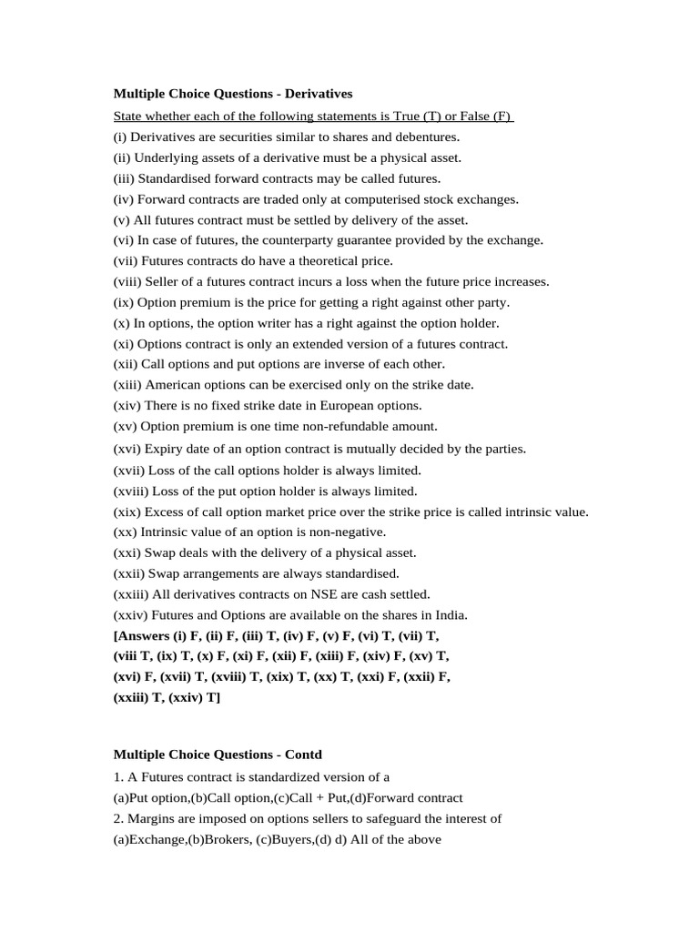 Derivatives MCQs for NSE Insights | PDF | Option (Finance) | Put Option
