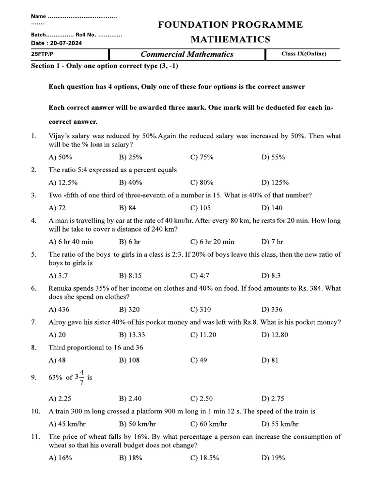 FOUNDATION Class IX (Commercial Maths) 20-07-2024 (1) | PDF