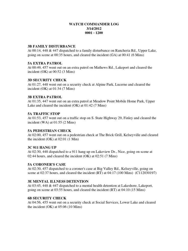 Lake County Sheriff's Watch Commander Logs | PDF | California Highway ...