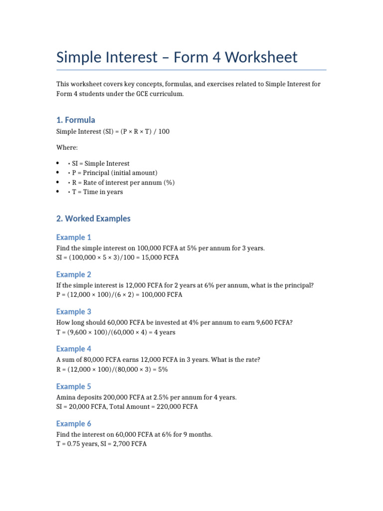 Simple Interest Form4 Worksheet | PDF