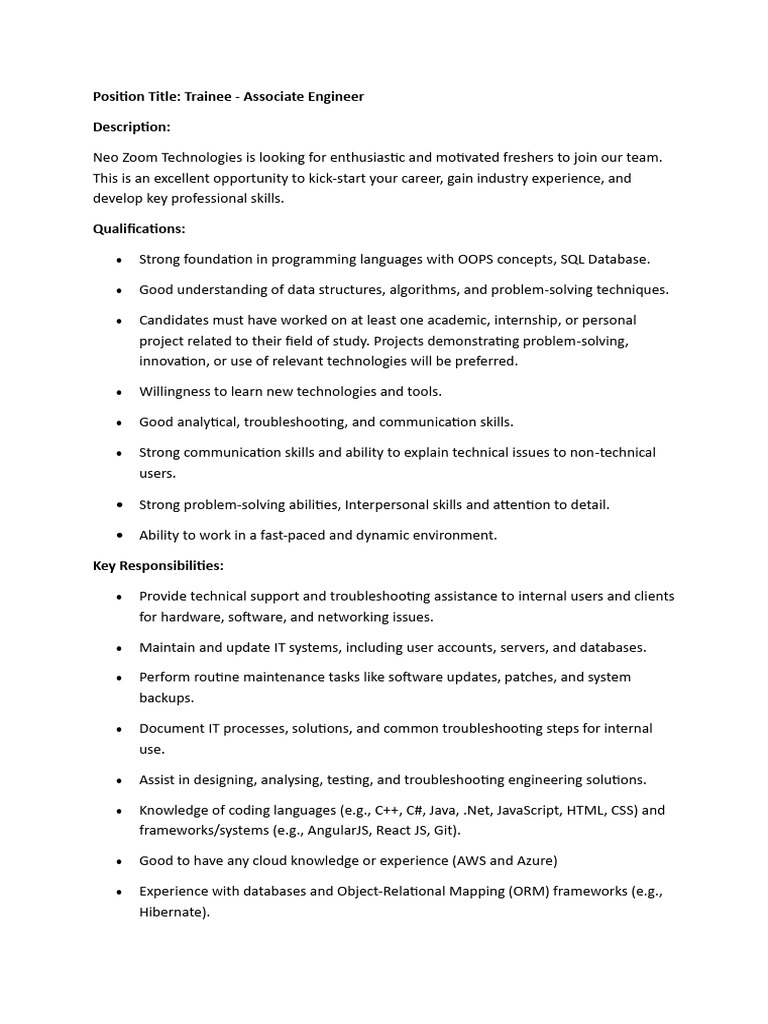 Job Description - Fresher Trainee | PDF | Databases | Software Engineering