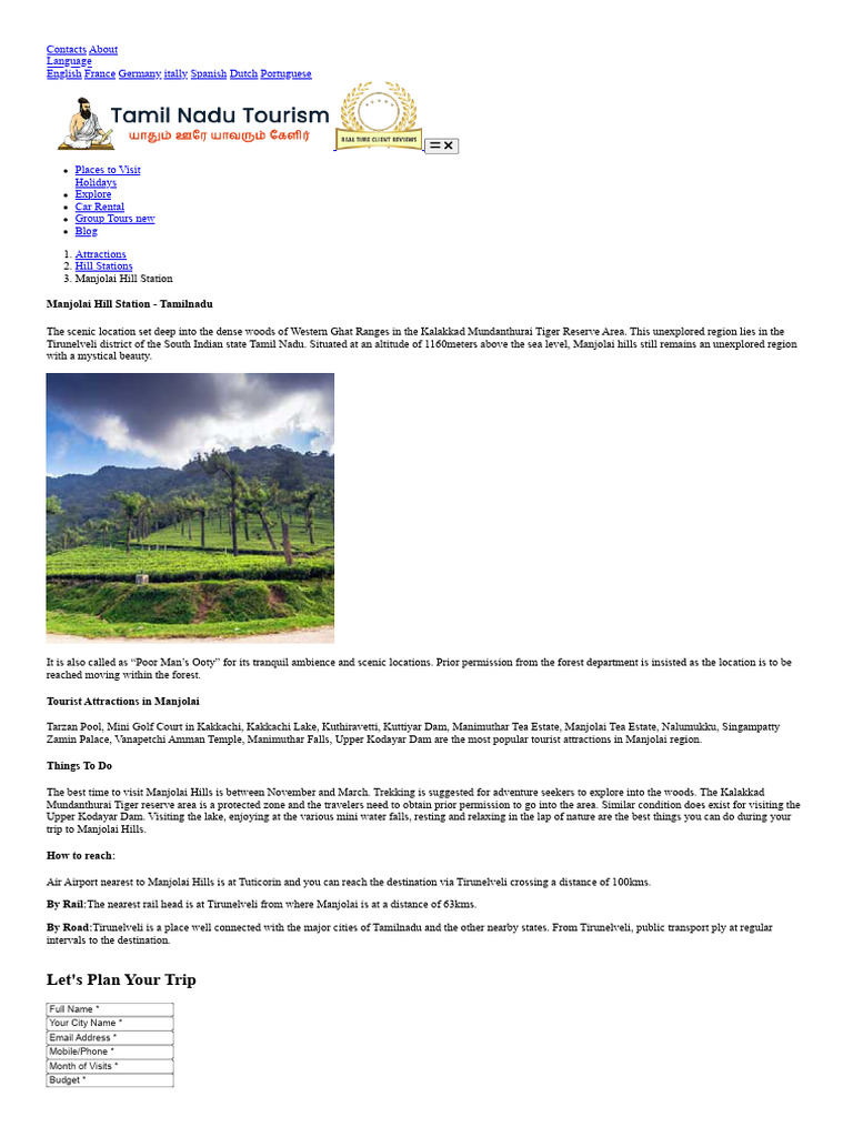 Manjolai Hills: A Hidden Gem in Tamil Nadu | PDF | Tamil Nadu | Tourism