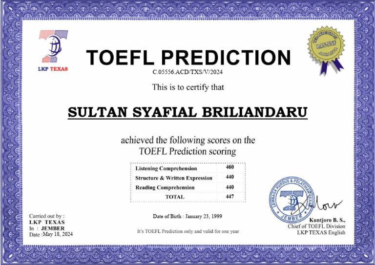 E-Certificate TOEFL Prediction Sultan Syafial Briliandaru | PDF