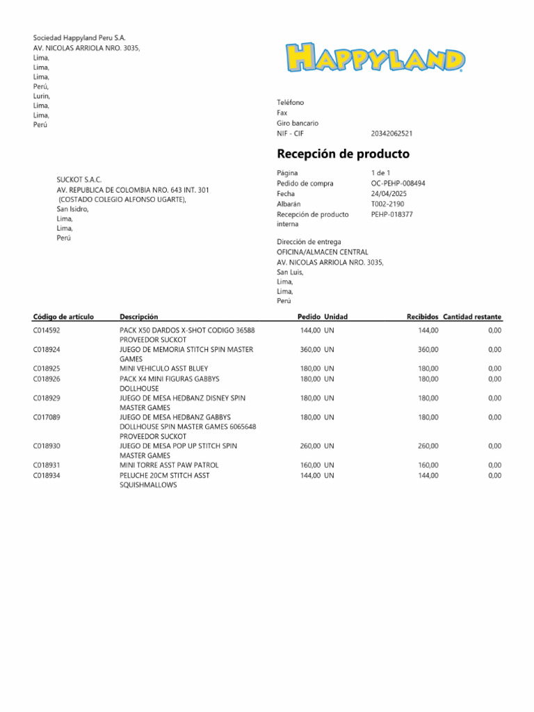 RECEPCION DEL PRODUCTO 008494 | PDF