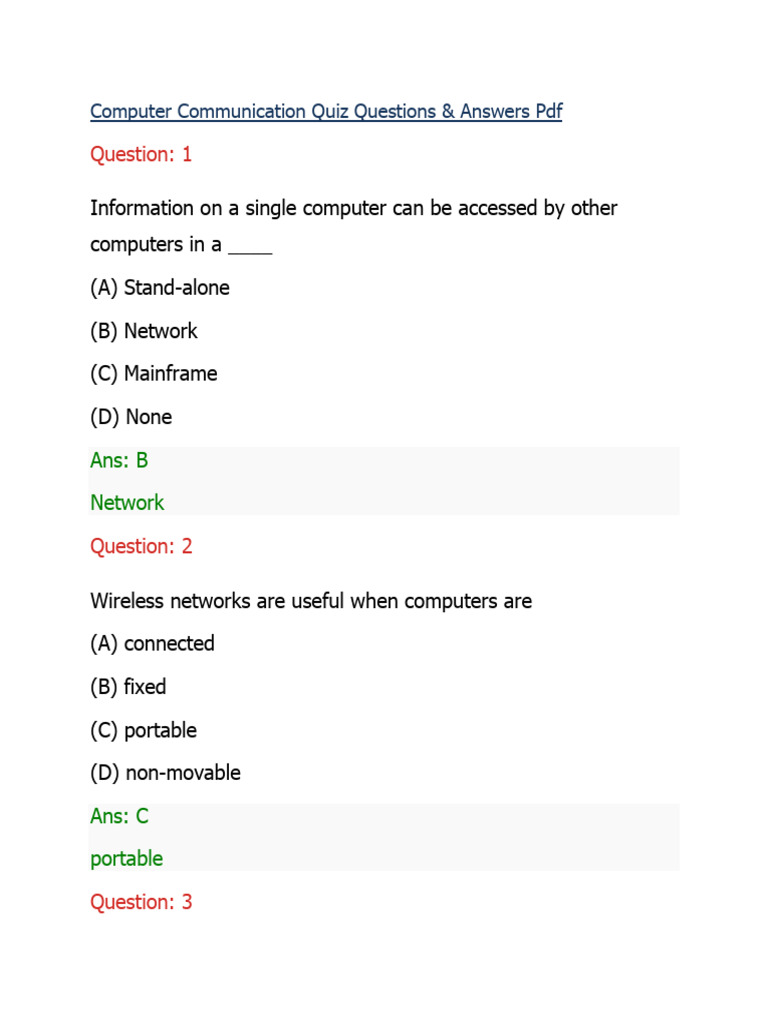 Computer Communication Quiz & Answers | PDF